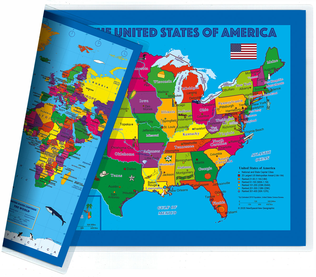 Children's US and US-Centered World Desk Map – NewSpaceView Geographic